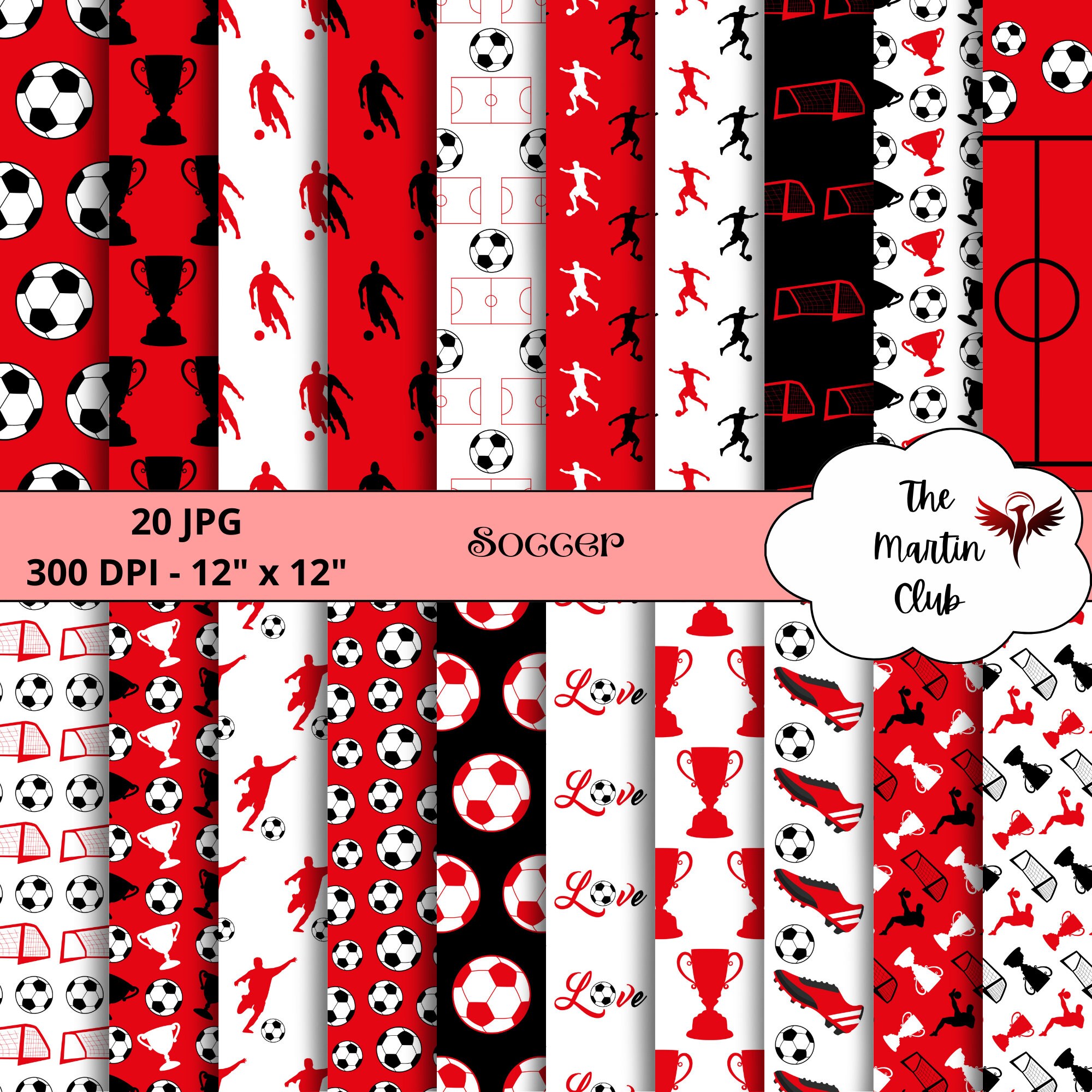 Soccer Digital Papers Background Red Black Football Sport Scrapbook ...