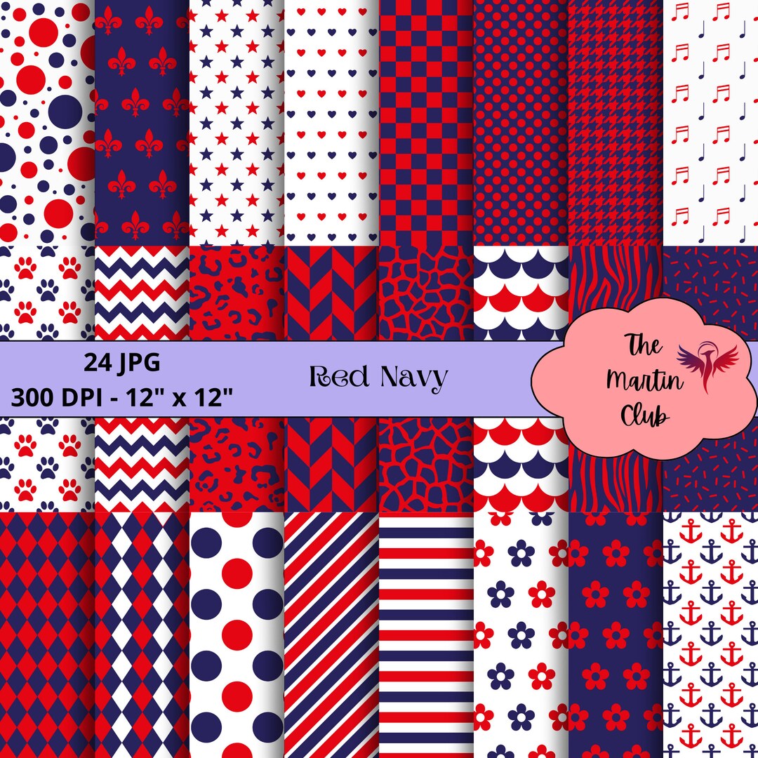Blue Red Digital Papers Navy Red Pattern Scrapbook - Digital Download ...