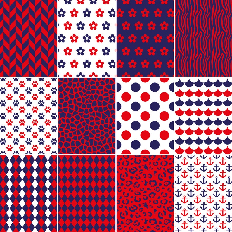 Blue Red Digital Papers Navy Red Pattern Scrapbook - Digital Download ...