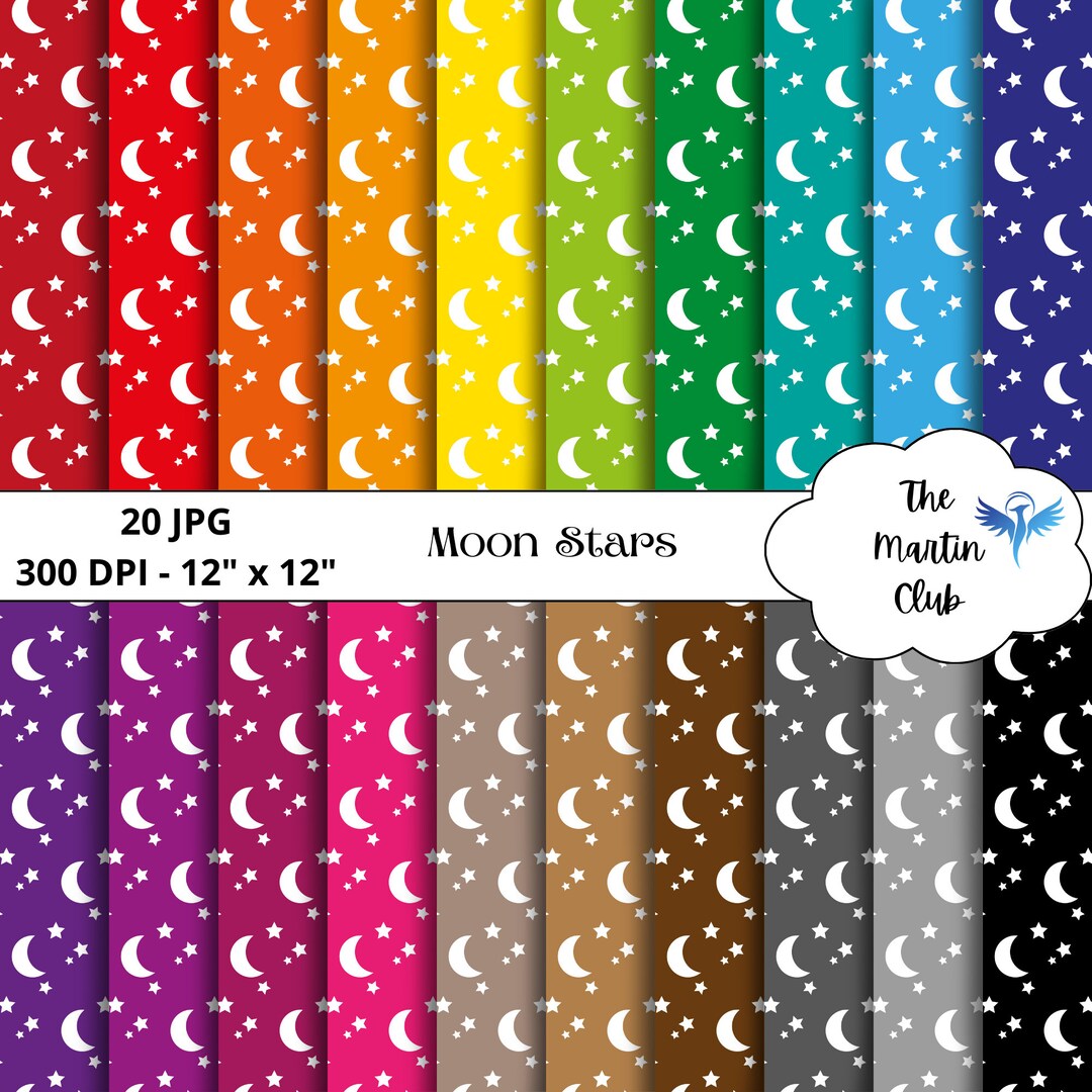 Rainbow Moon and Star Background Digital Papers White Moon and Stars ...