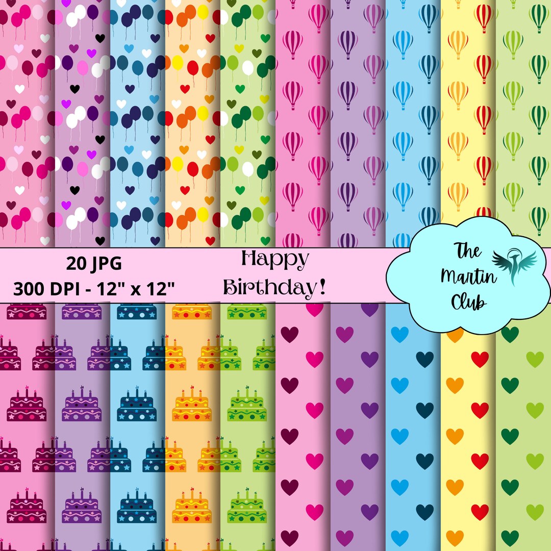 Happy Birthday Digital Papers Balloons Cake Hearts Scrapbook Paper ...