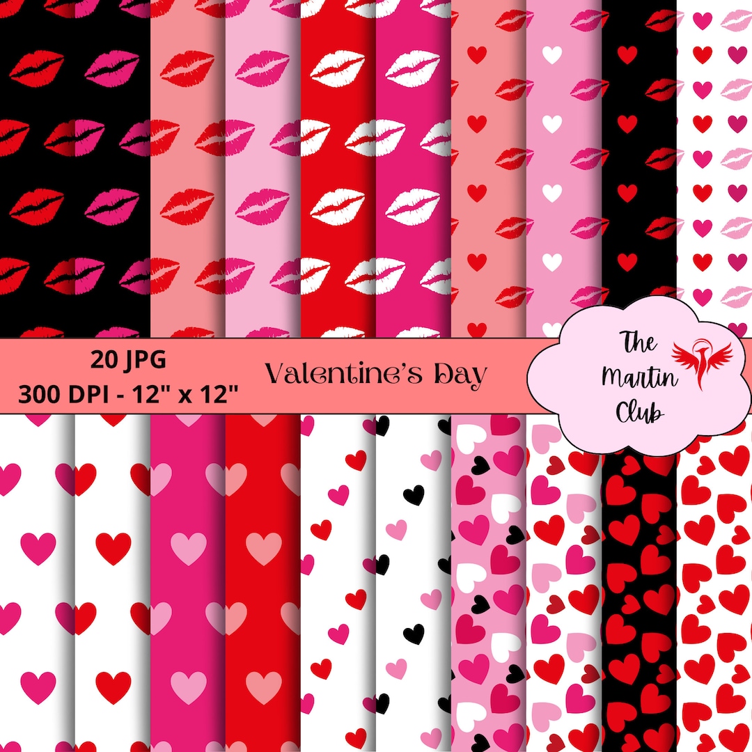 Valentine's Day Digital Papers Hearts and Lips Background Scrapbook ...