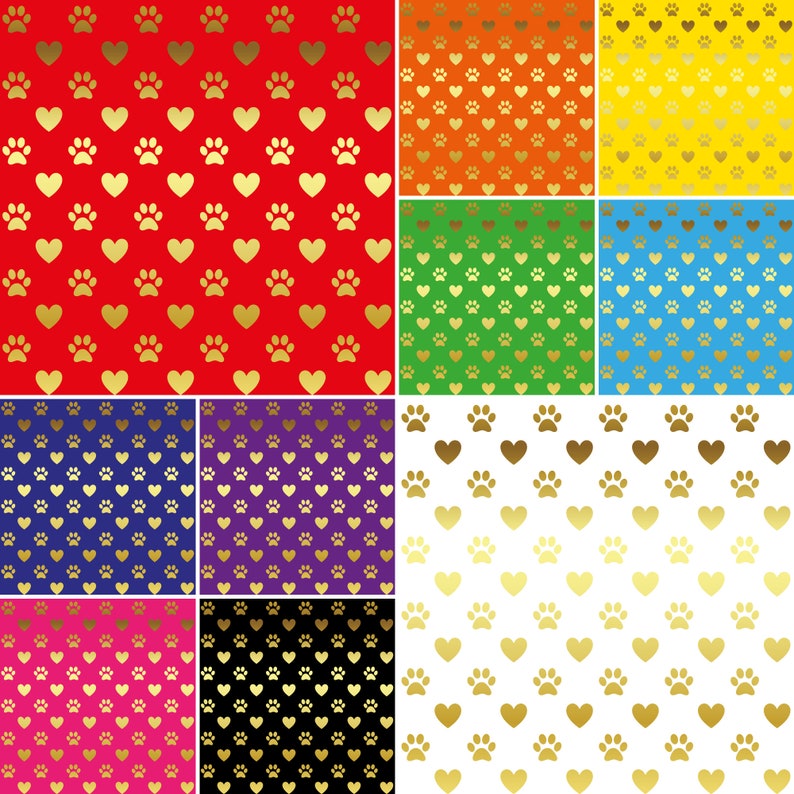 Golden Paw Prints Digital Papers Background Gold Hearts and Paw Print ...