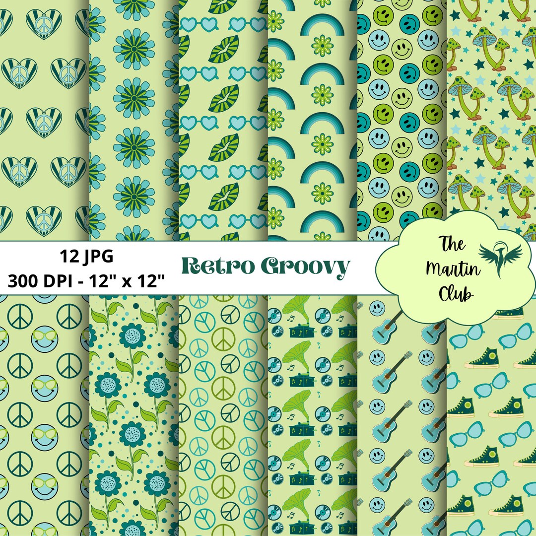 Retro Groovy Background Digital Papers Teal Green Groovy 60' 70 ...