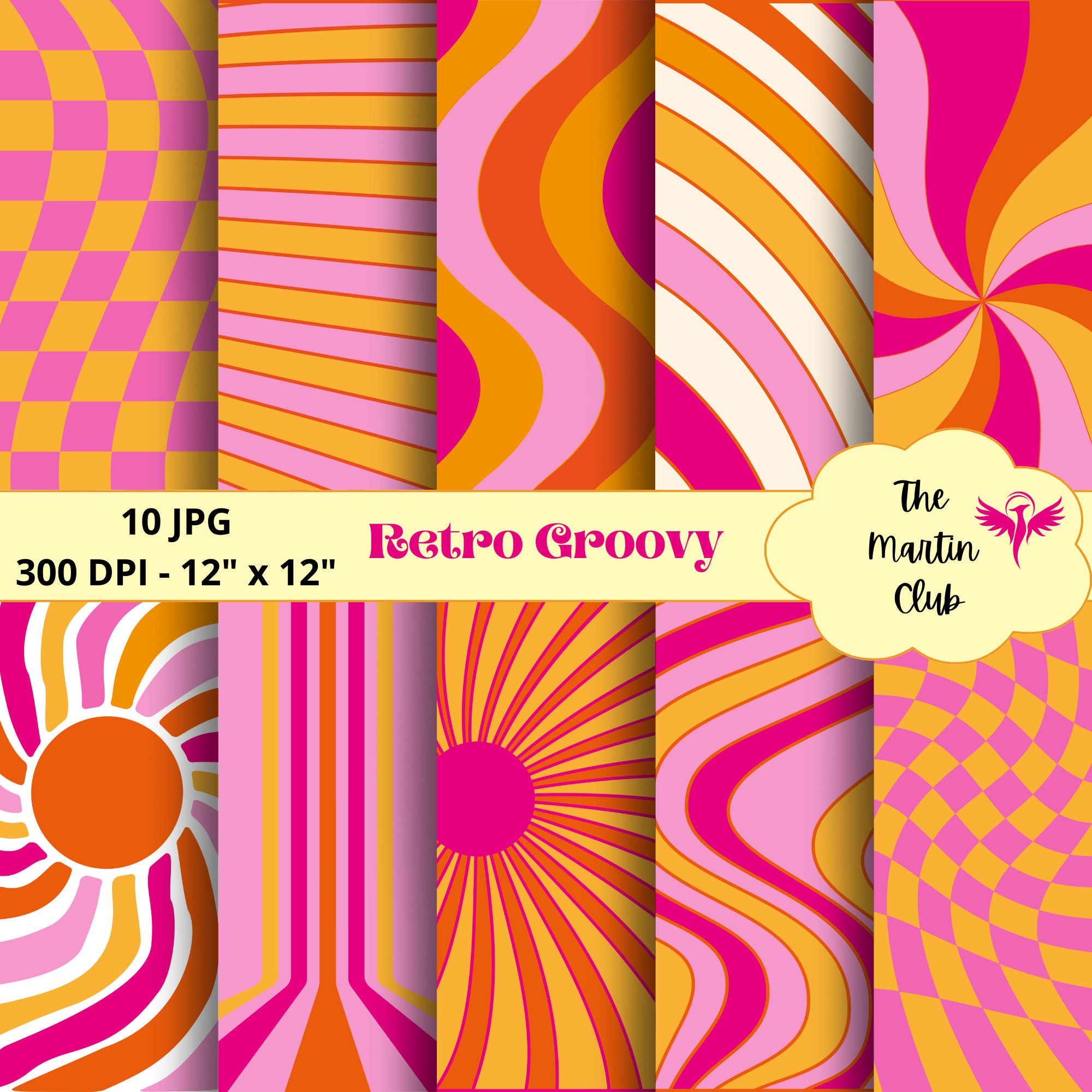Retro Groovy Background Digital Papers Orange Pink Groovy 60' 70' Retro ...