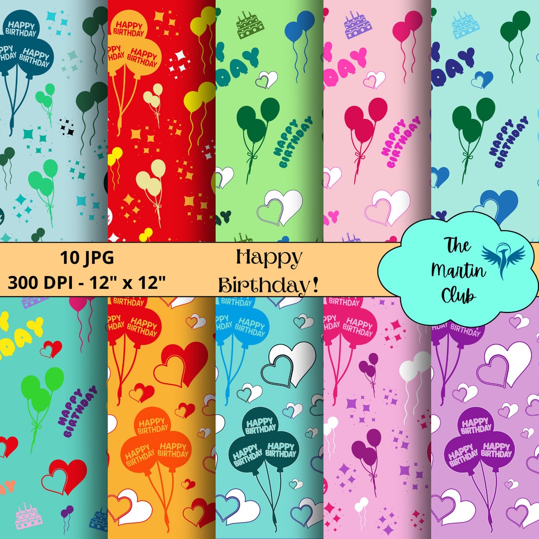 Happy Birthday Background Digital Papers Balloons Cake Hearts Party ...