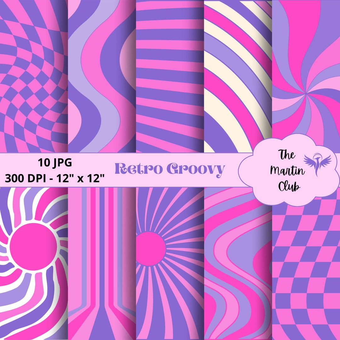 Retro Groovy Background Digital Papers Pink Purple Groovy 60' 70' Retro ...