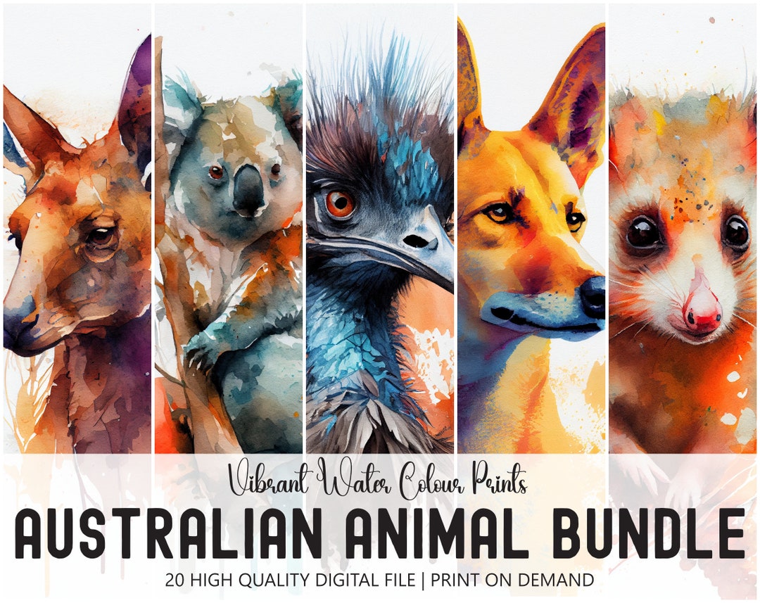 WATERCOLOR AUSTRALIAN ANIMALS (set of 20) - Kangaroo, Koala, Emu, Dingo ...