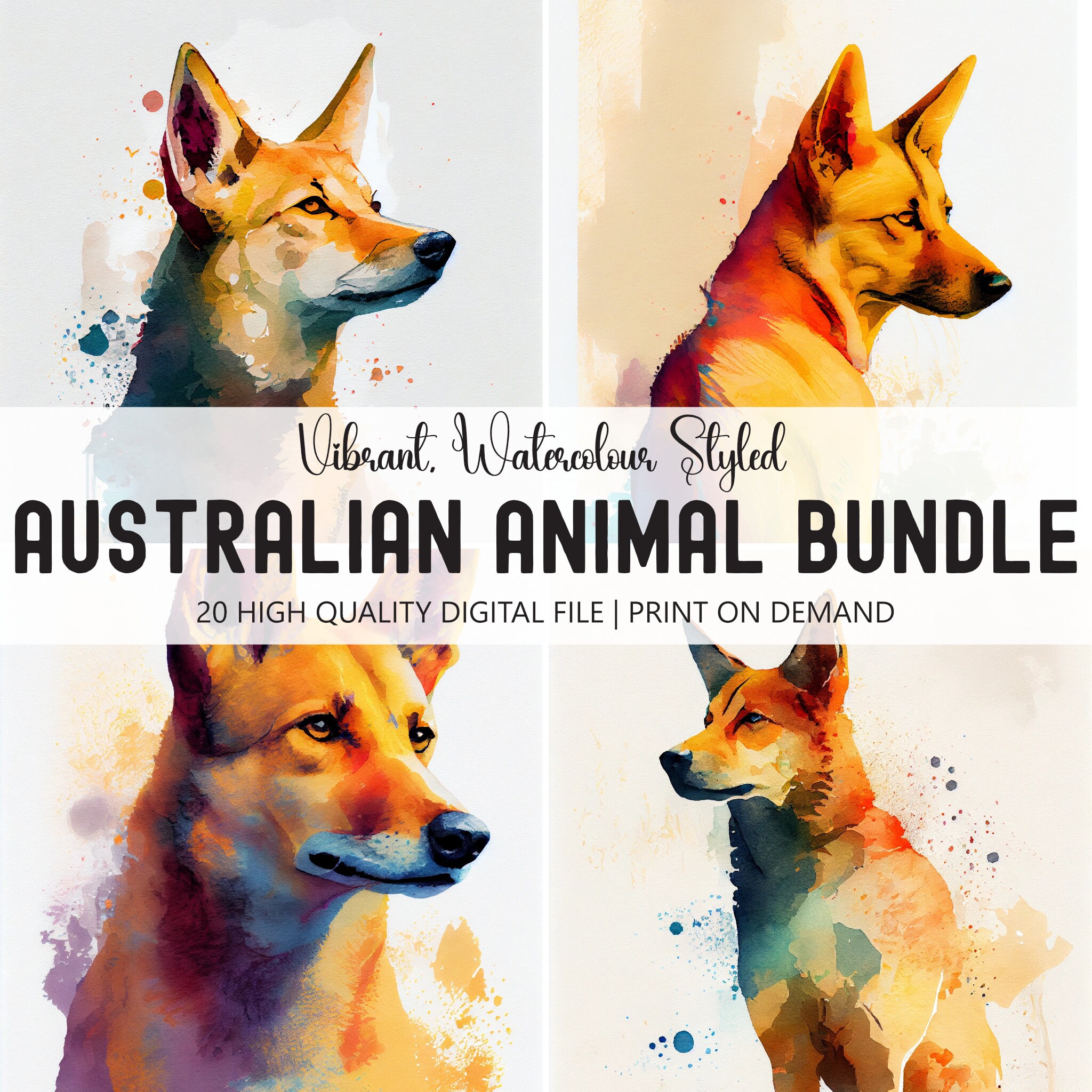 WATERCOLOR AUSTRALIAN ANIMALS (set of 20) - Kangaroo, Koala, Emu, Dingo ...