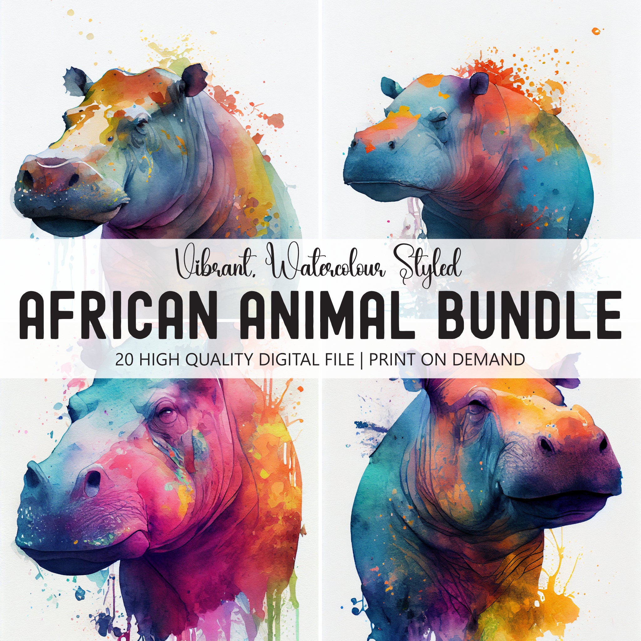 WATERCOLOR AFRICAN ANIMALS set of 20 Elephants, Rhinos, Giraffes ...