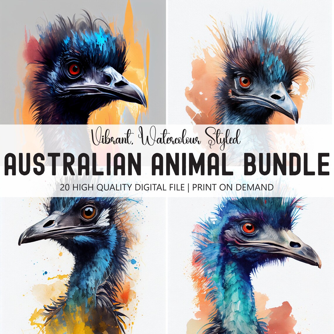WATERCOLOR AUSTRALIAN ANIMALS (set of 20) - Kangaroo, Koala, Emu, Dingo ...