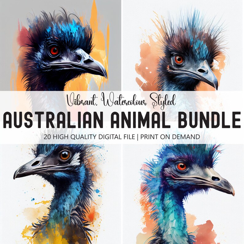 WATERCOLOR AUSTRALIAN ANIMALS (set of 20) - Kangaroo, Koala, Emu, Dingo ...