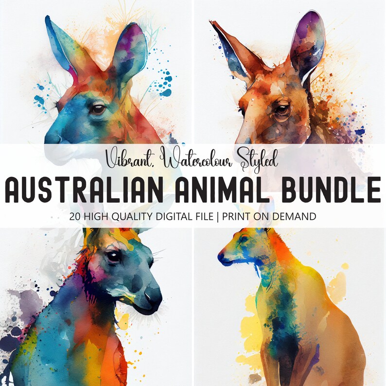 WATERCOLOR AUSTRALIAN ANIMALS (set of 20) - Kangaroo, Koala, Emu, Dingo ...