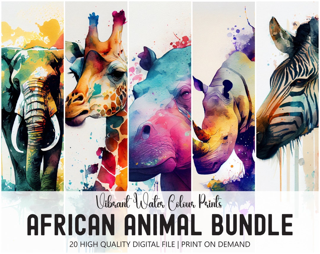 WATERCOLOR AFRICAN ANIMALS set of 20 Elephants, Rhinos, Giraffes ...