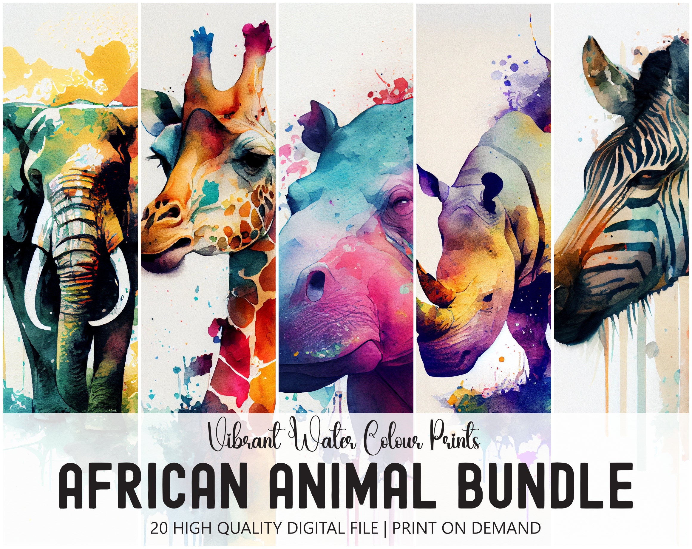 WATERCOLOR AFRICAN ANIMALS set of 20 Elephants, Rhinos, Giraffes ...