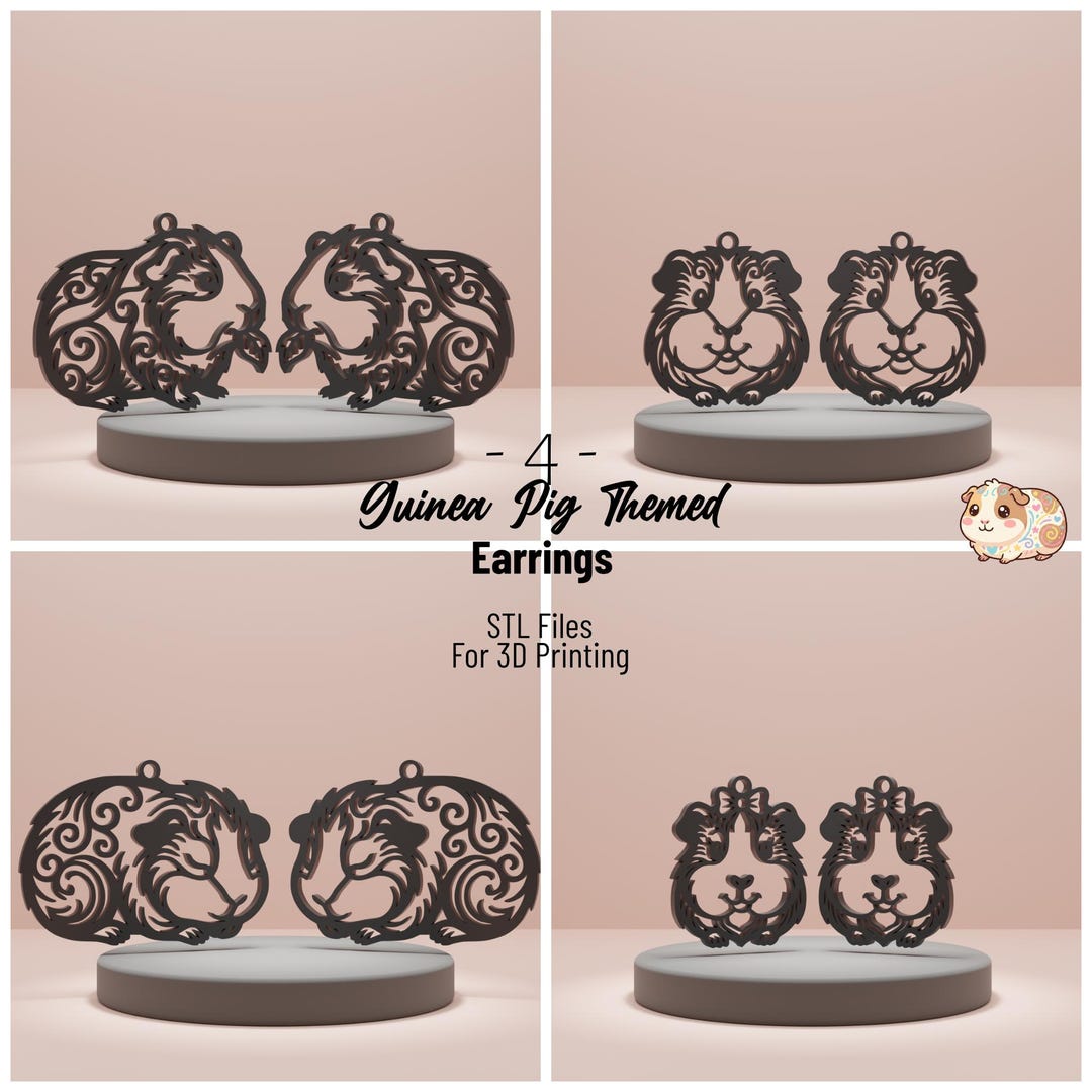 4 Guinea Pig STL Models for Earrings, 3D Printing Dangle Designs ...