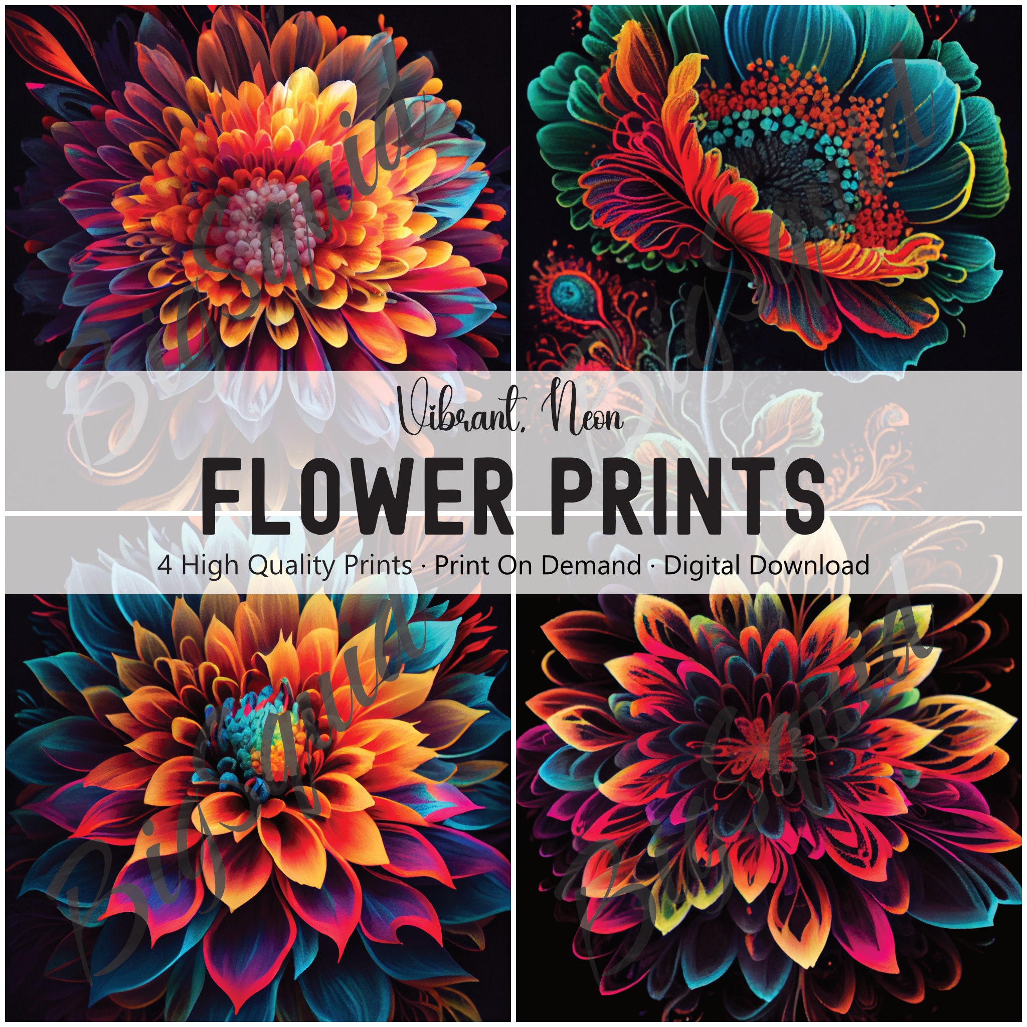Flower, Neon Poster Art (set of 4) - Digital Download, High Resolution ...