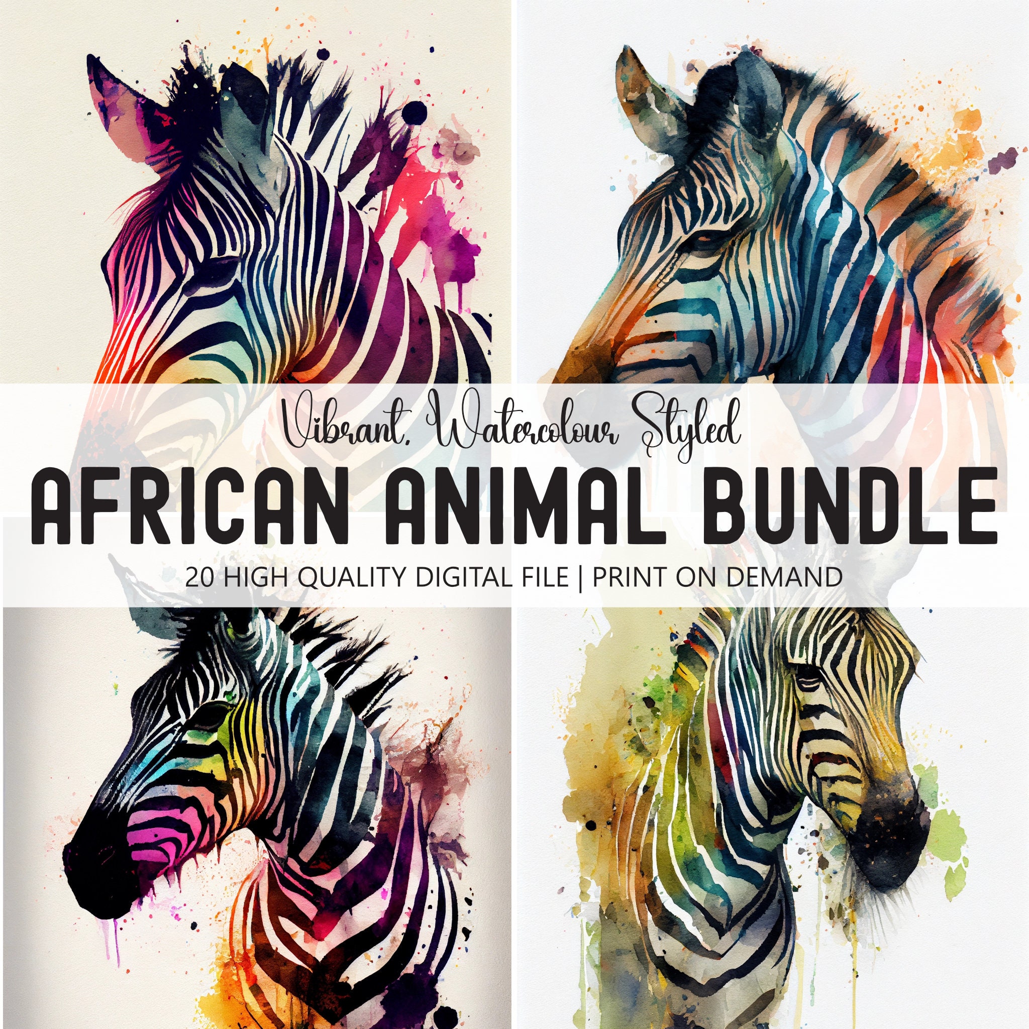 WATERCOLOR AFRICAN ANIMALS set of 20 Elephants, Rhinos, Giraffes ...