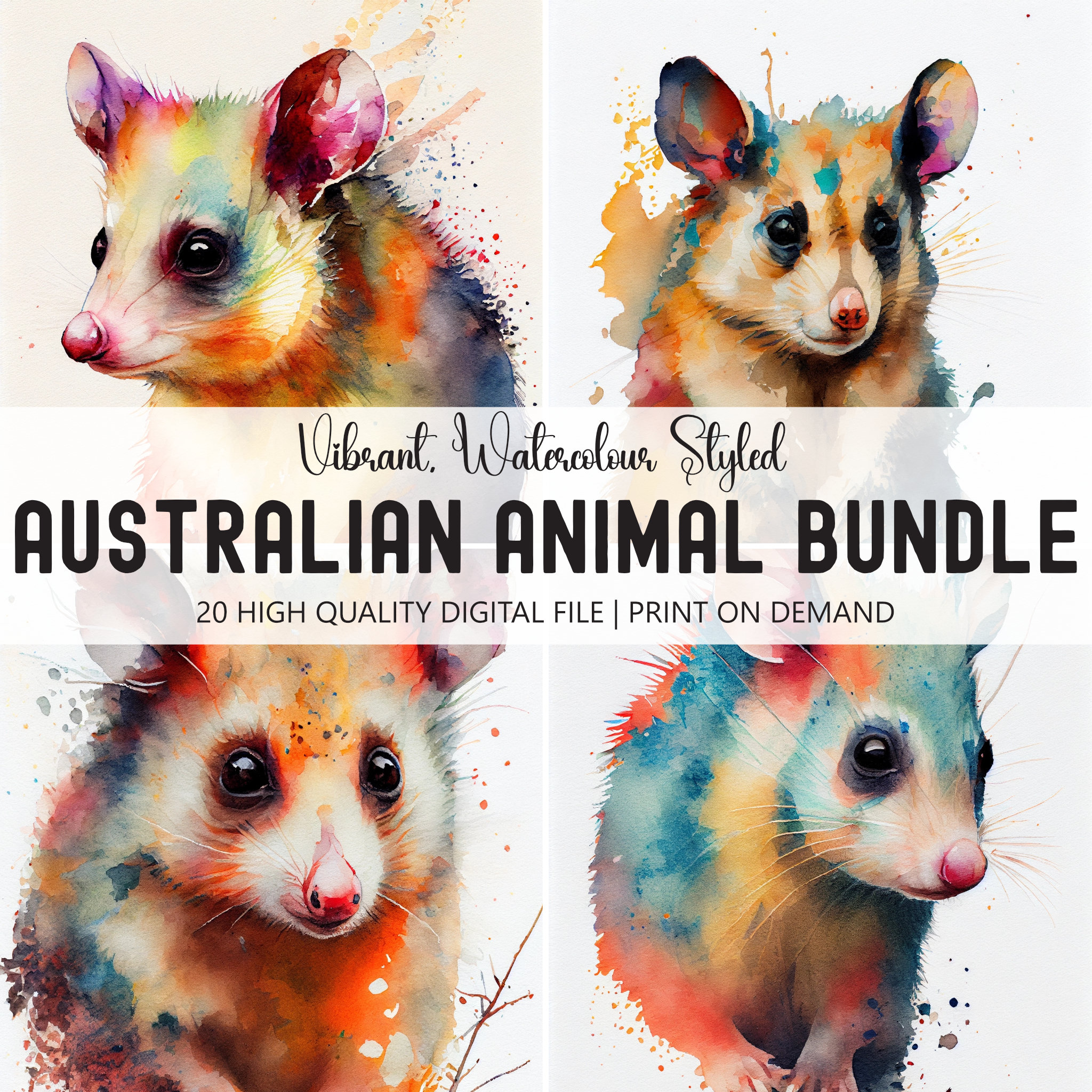 WATERCOLOR AUSTRALIAN ANIMALS (set of 20) - Kangaroo, Koala, Emu, Dingo ...