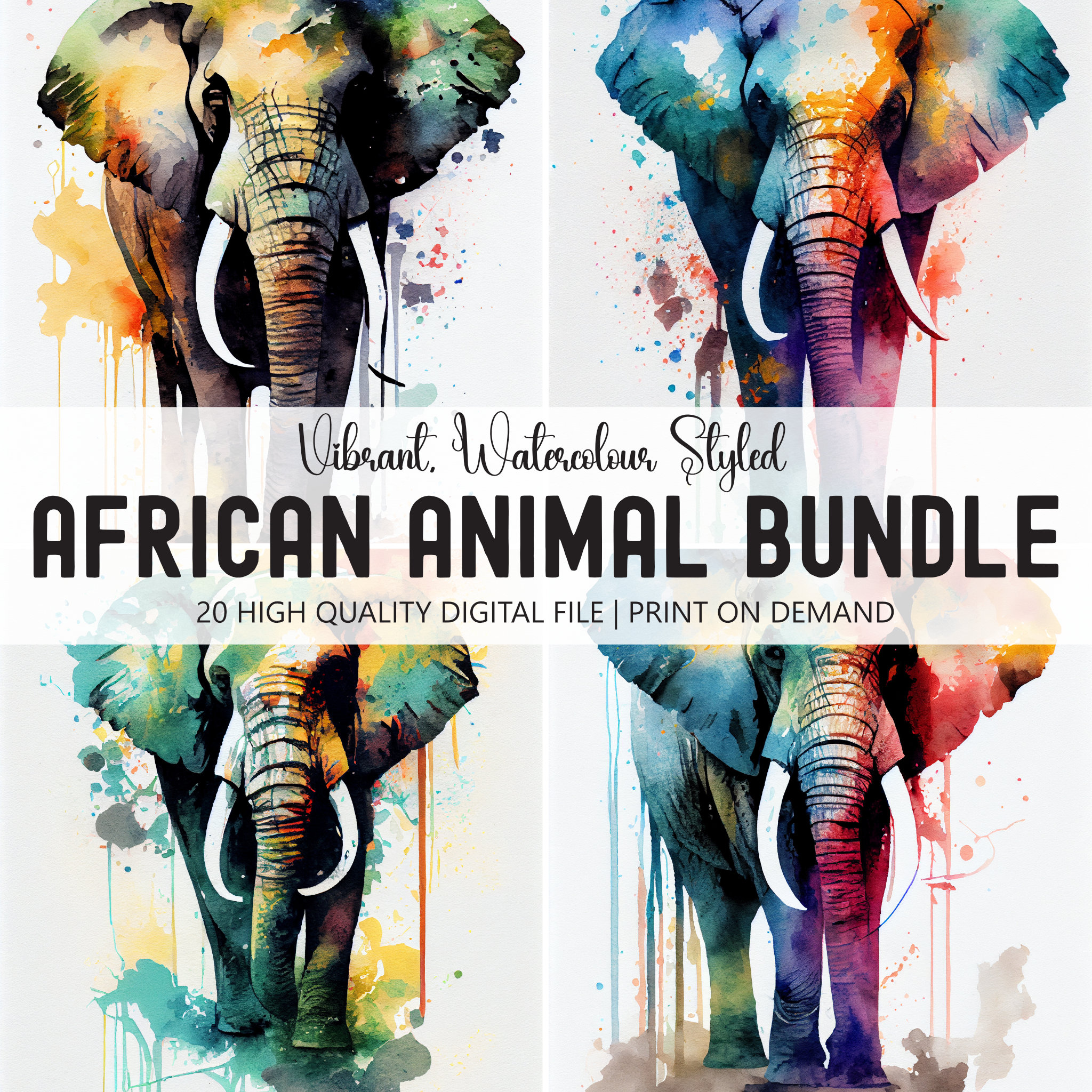 WATERCOLOR AFRICAN ANIMALS set of 20 Elephants, Rhinos, Giraffes ...