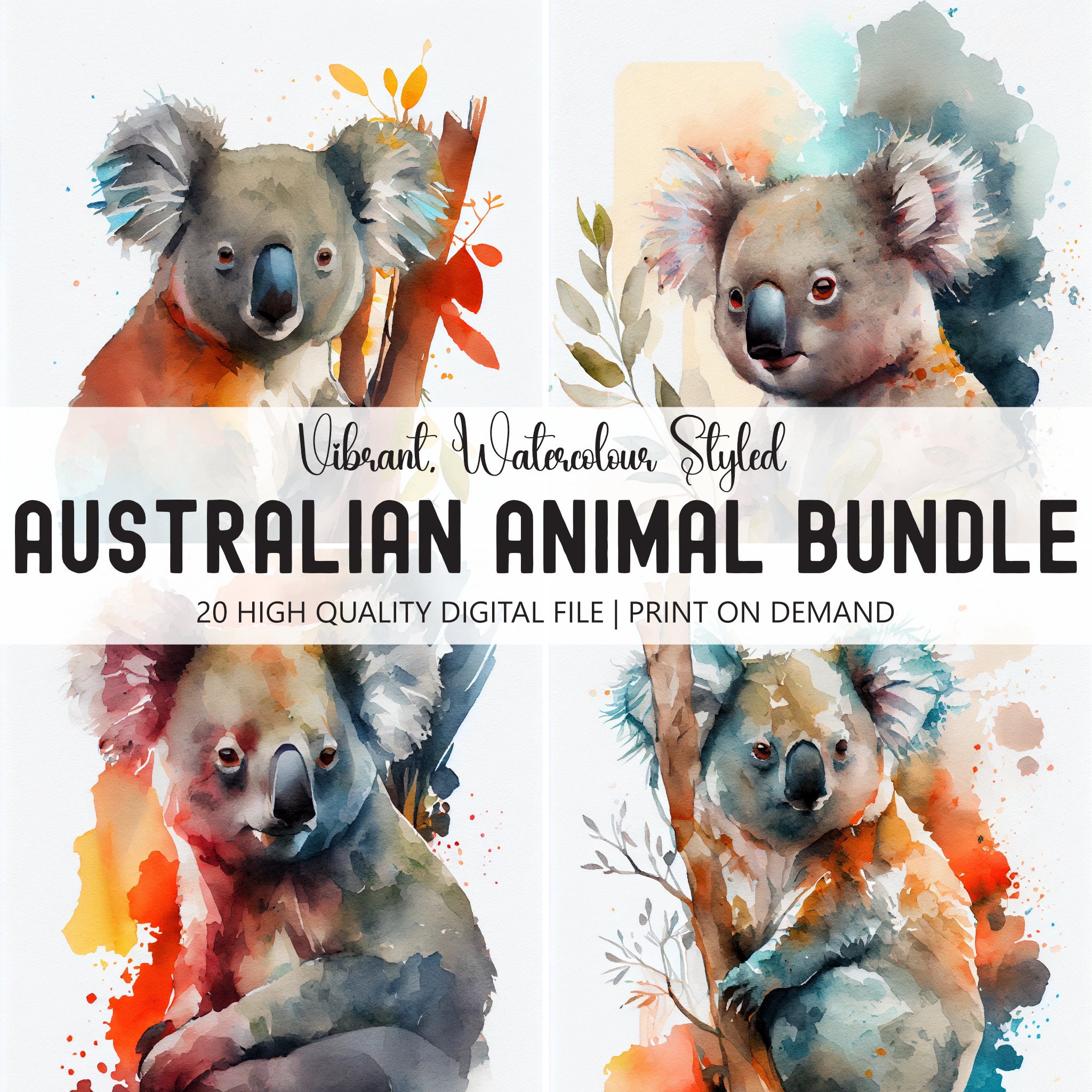 WATERCOLOR AUSTRALIAN ANIMALS (set of 20) - Kangaroo, Koala, Emu, Dingo ...