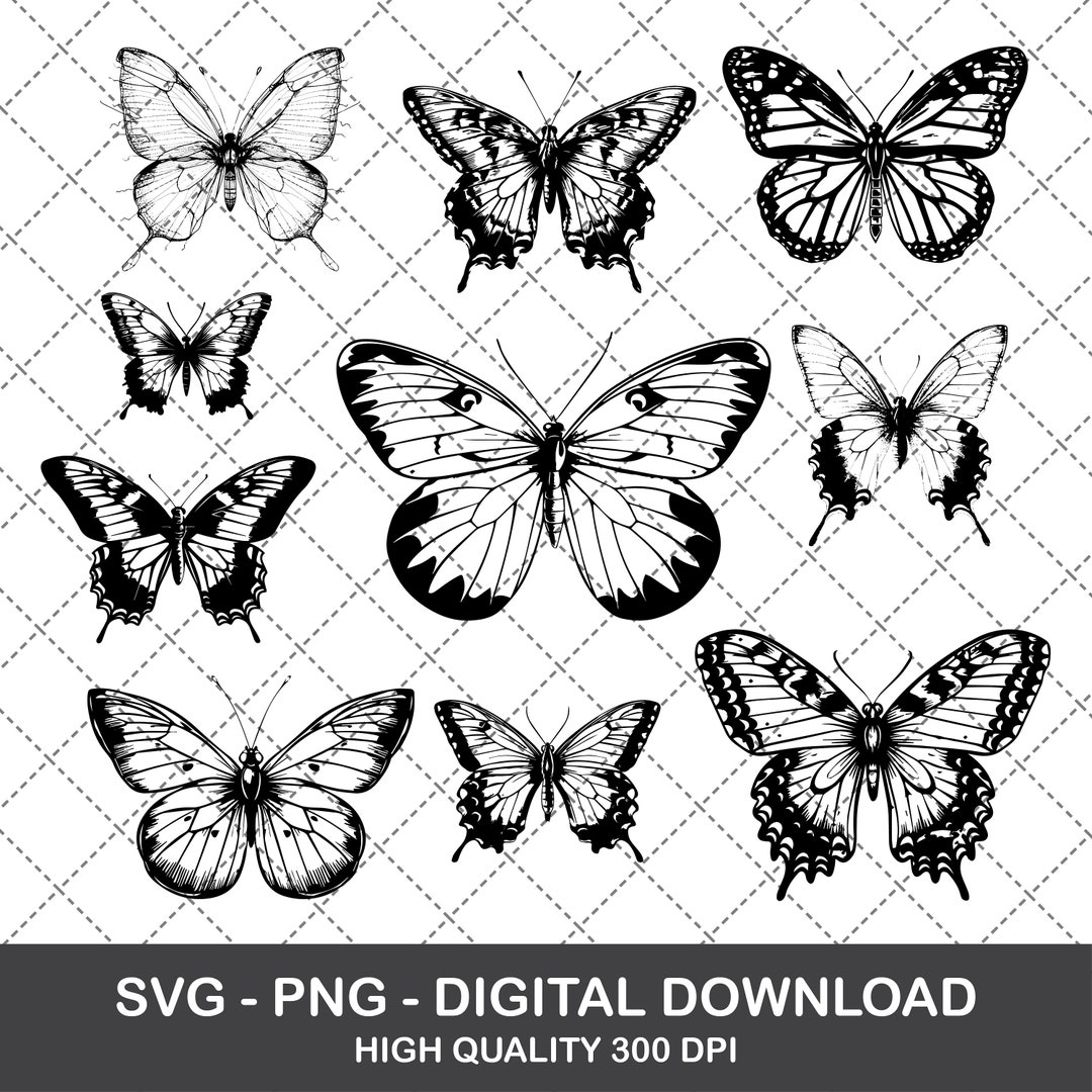 Butterfly Outline SVG & PNG Bundle - Set of 10 Delicate Silhouette ...