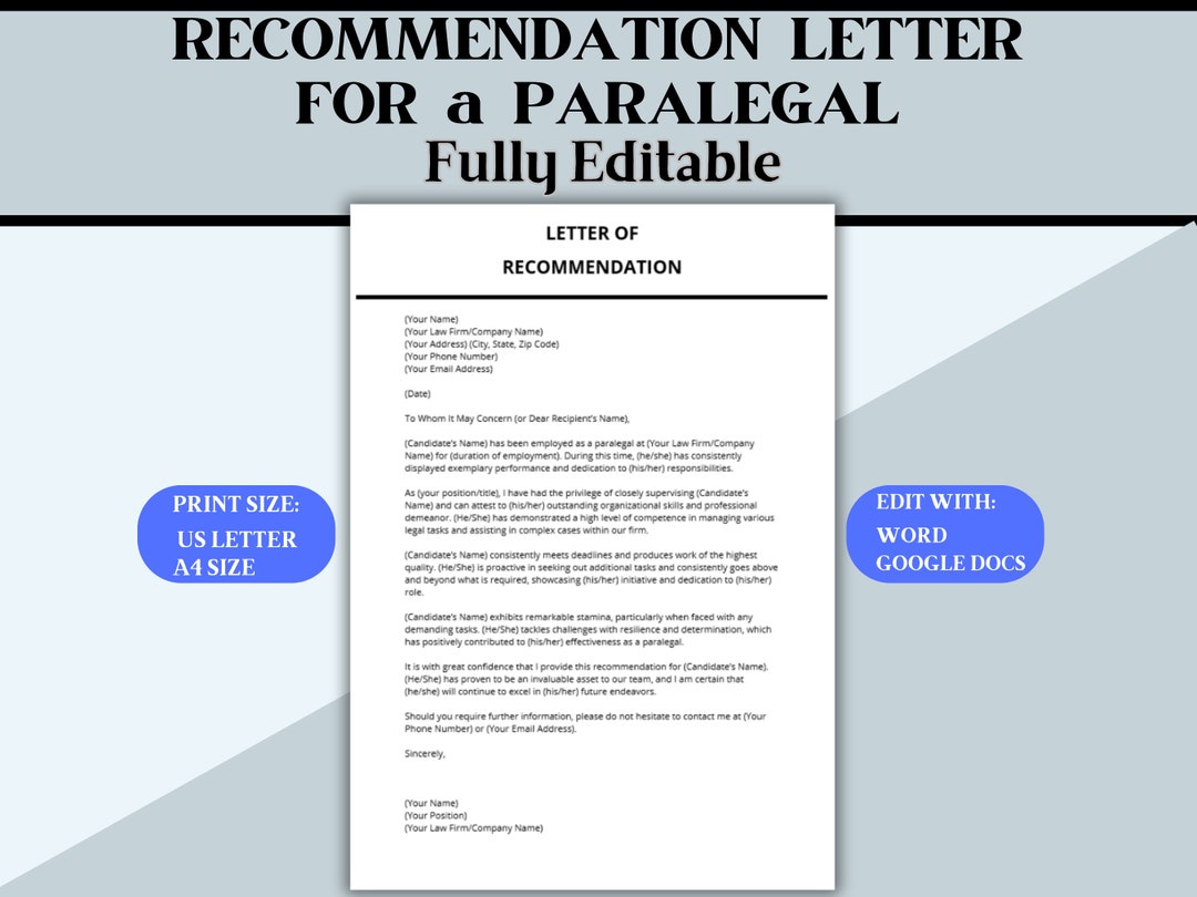 Paralegal Letter of Recommendation Template, Professional Reference ...
