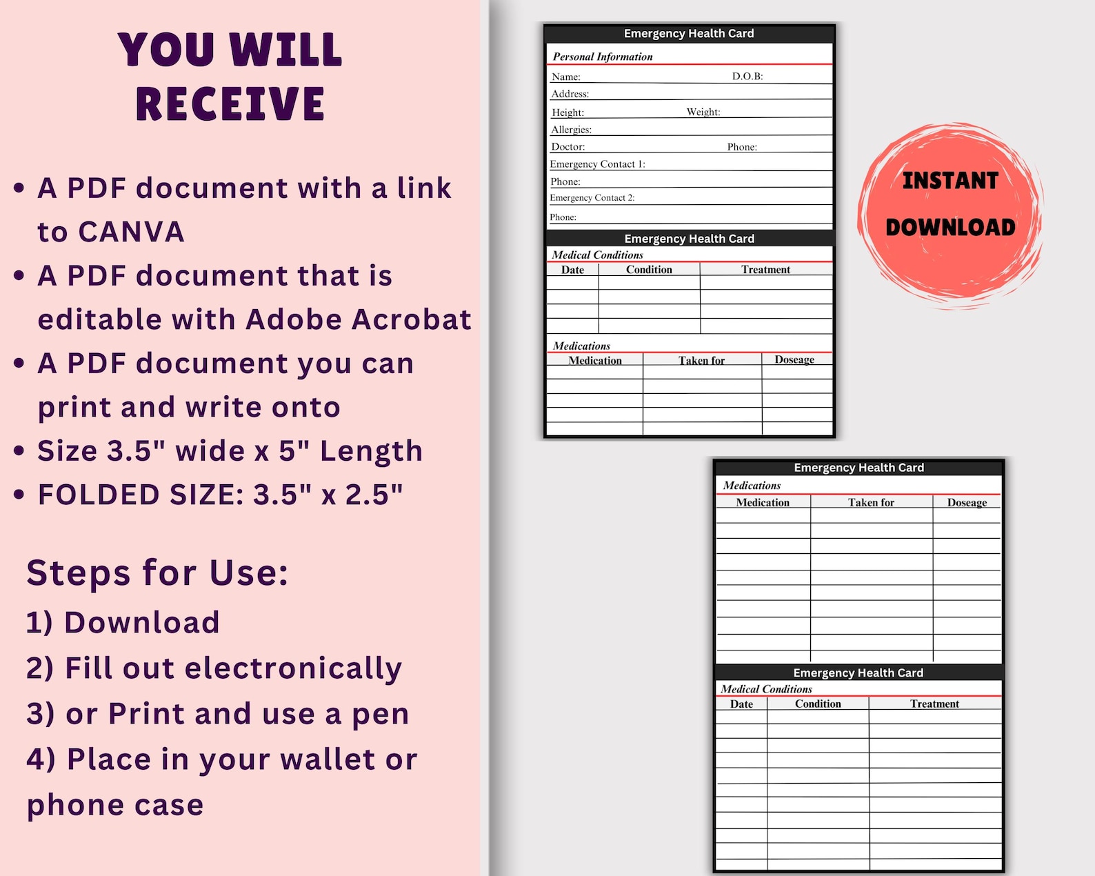 Editable Medical Information Card, Wallet Card With Medication Log and ...
