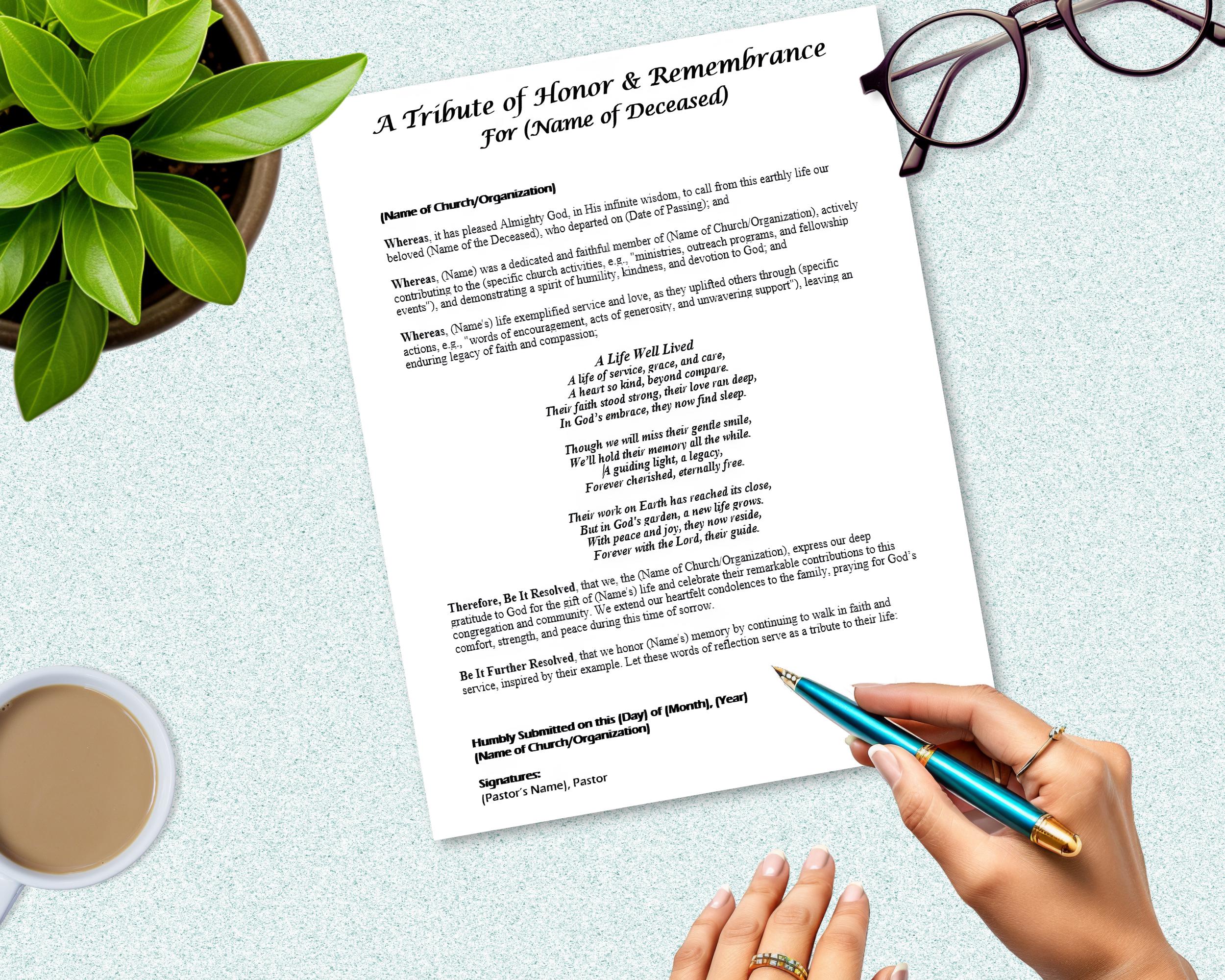 Editable Funeral Resolution Letter A Tribute of Honor and Remembrance ...
