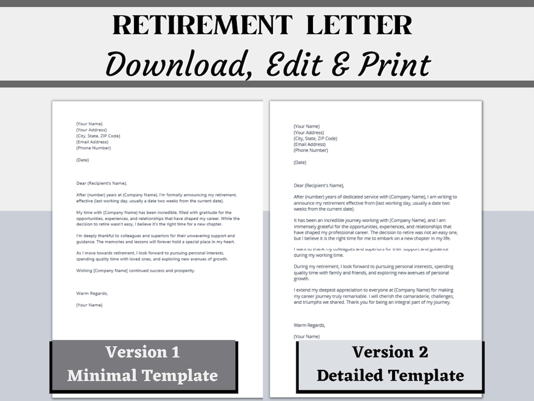 Retirement Letters - 2 Versions, Professional Retirement Letter ...