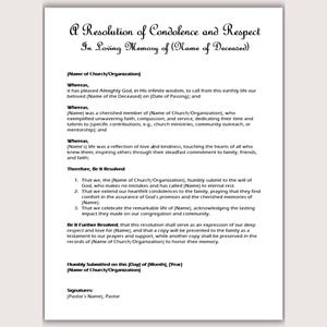 Editable Funeral Resolution Letter of Condolence and Respect, in Loving ...