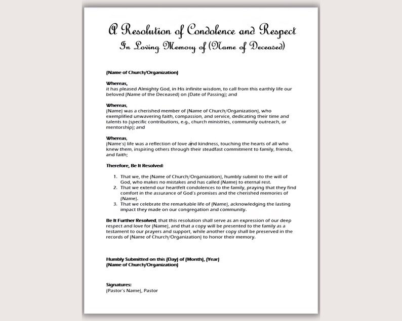 Editable Funeral Resolution Letter of Condolence and Respect, in Loving ...