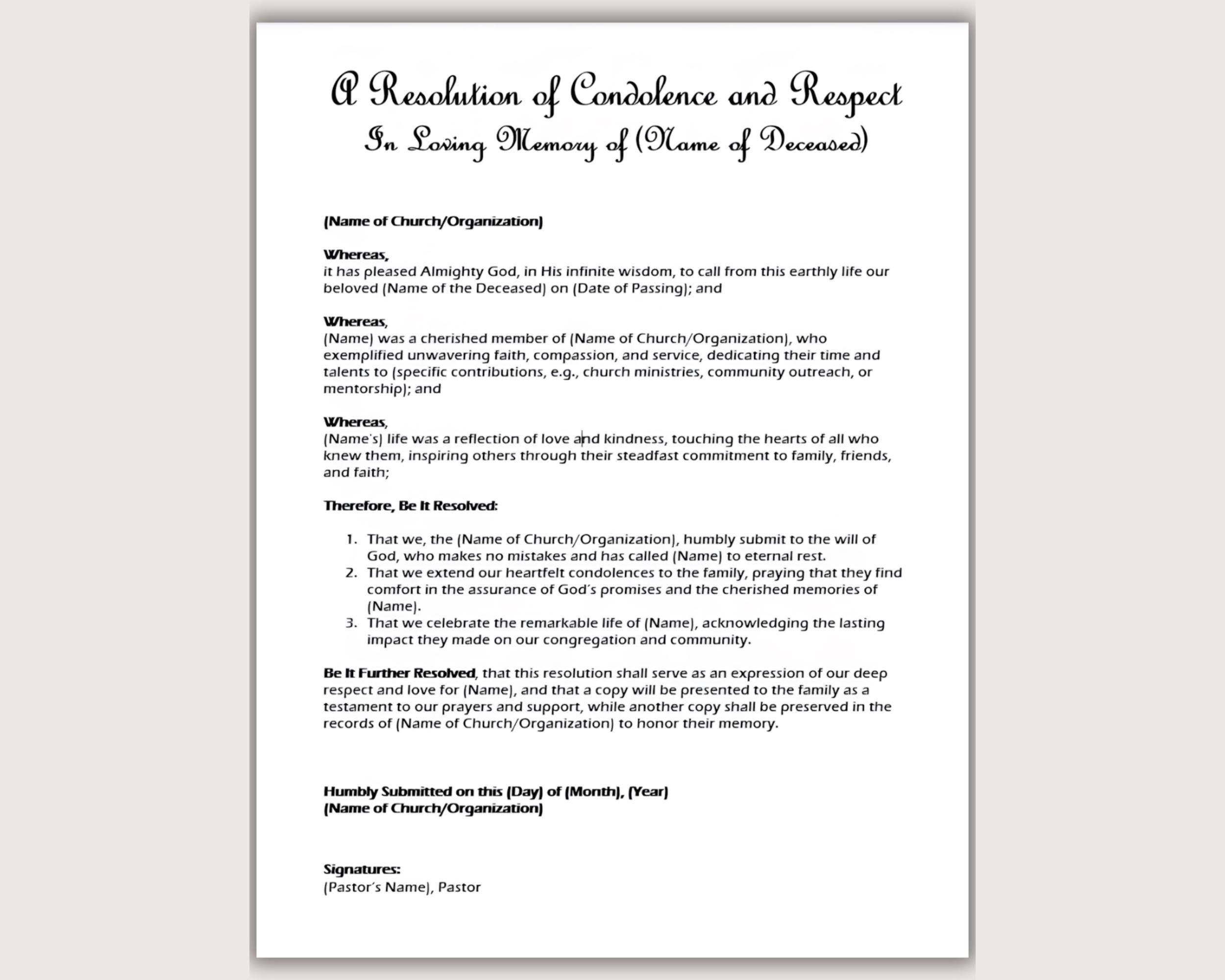 Editable Funeral Resolution Letter of Condolence and Respect, in Loving ...