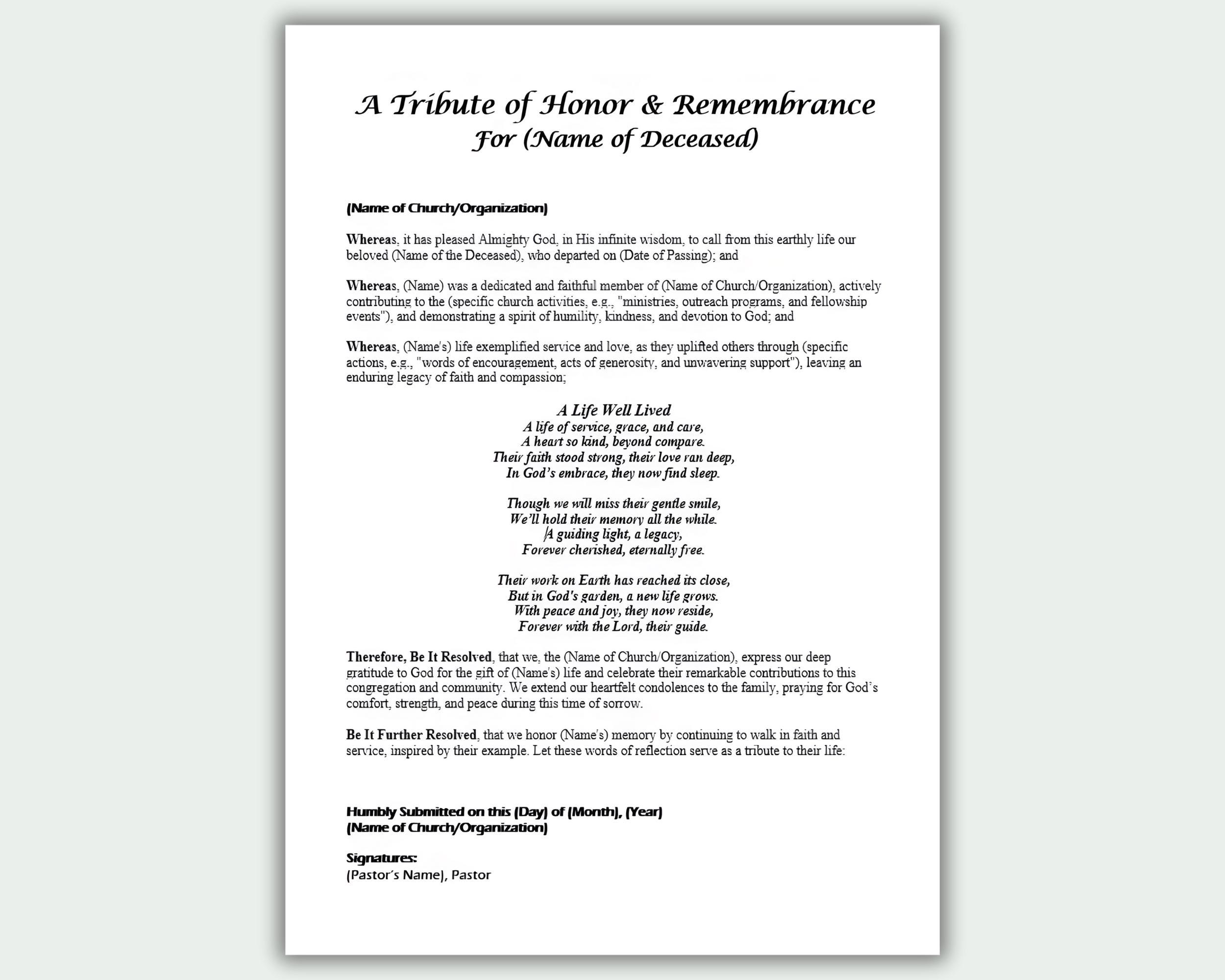 Editable Funeral Resolution Letter A Tribute of Honor and Remembrance ...