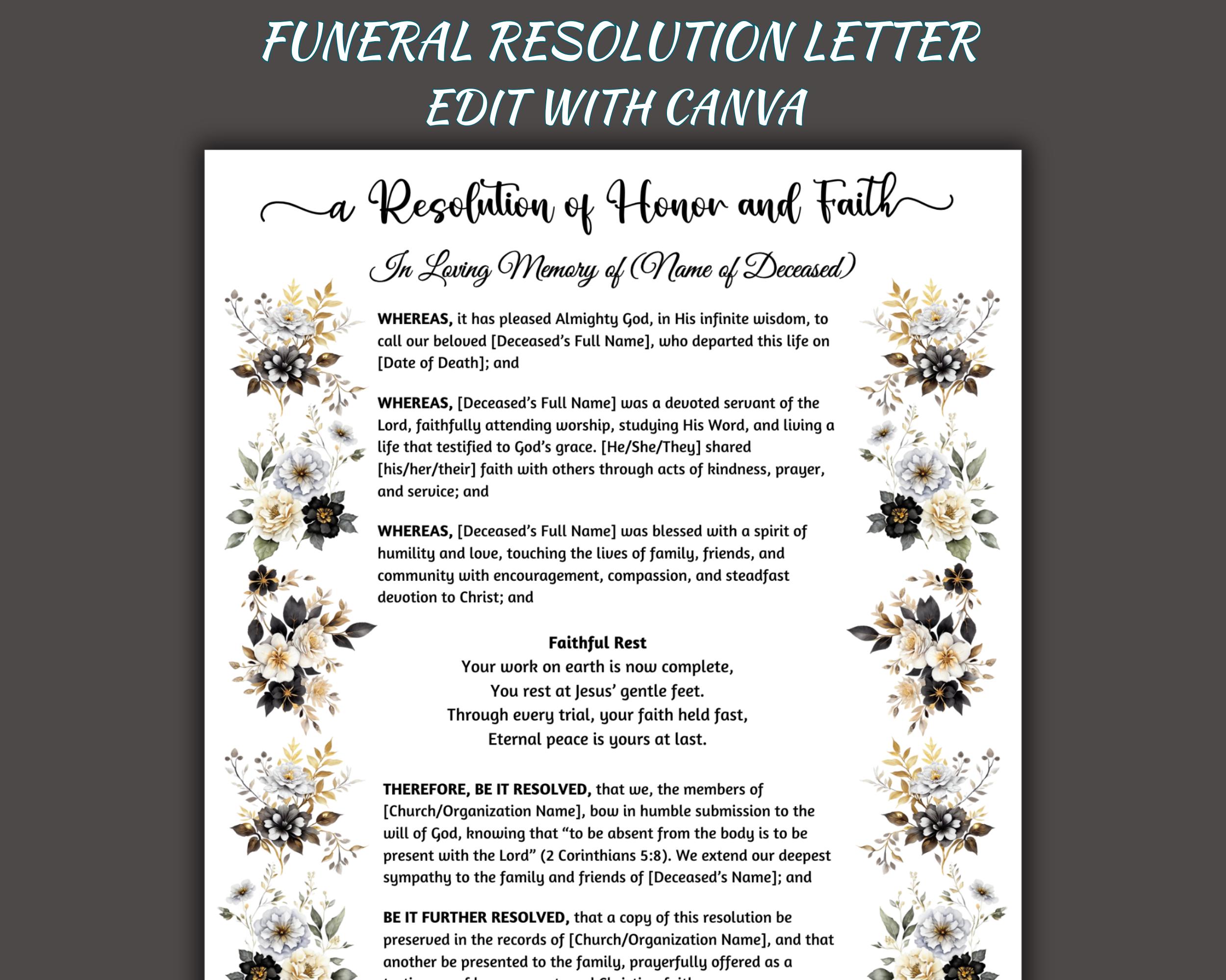 Funeral Resolution Letter for a Church or Memorial Service That is ...