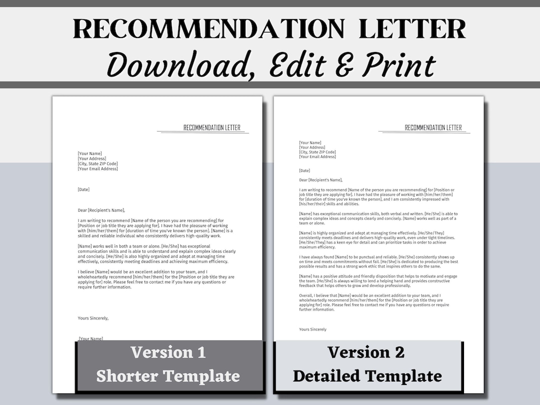 Letter of Recommendation Customizable Template for Any Occasion ...