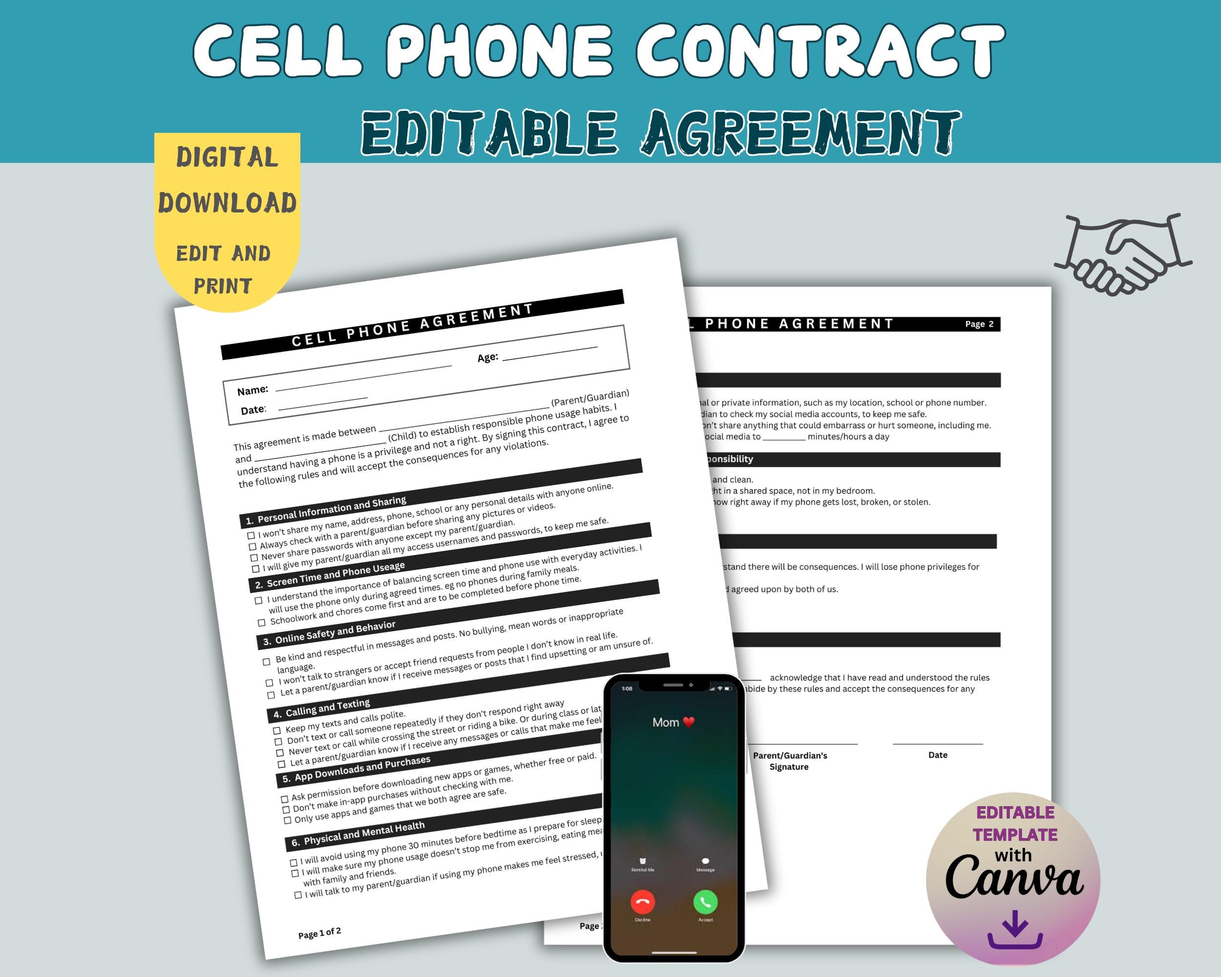 Editable Cell Phone Agreement, Family Rules With a Printable Phone ...