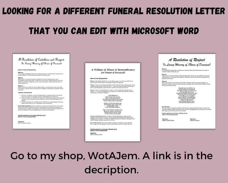 Editable Funeral Resolution Letter of Condolence and Respect, in Loving ...