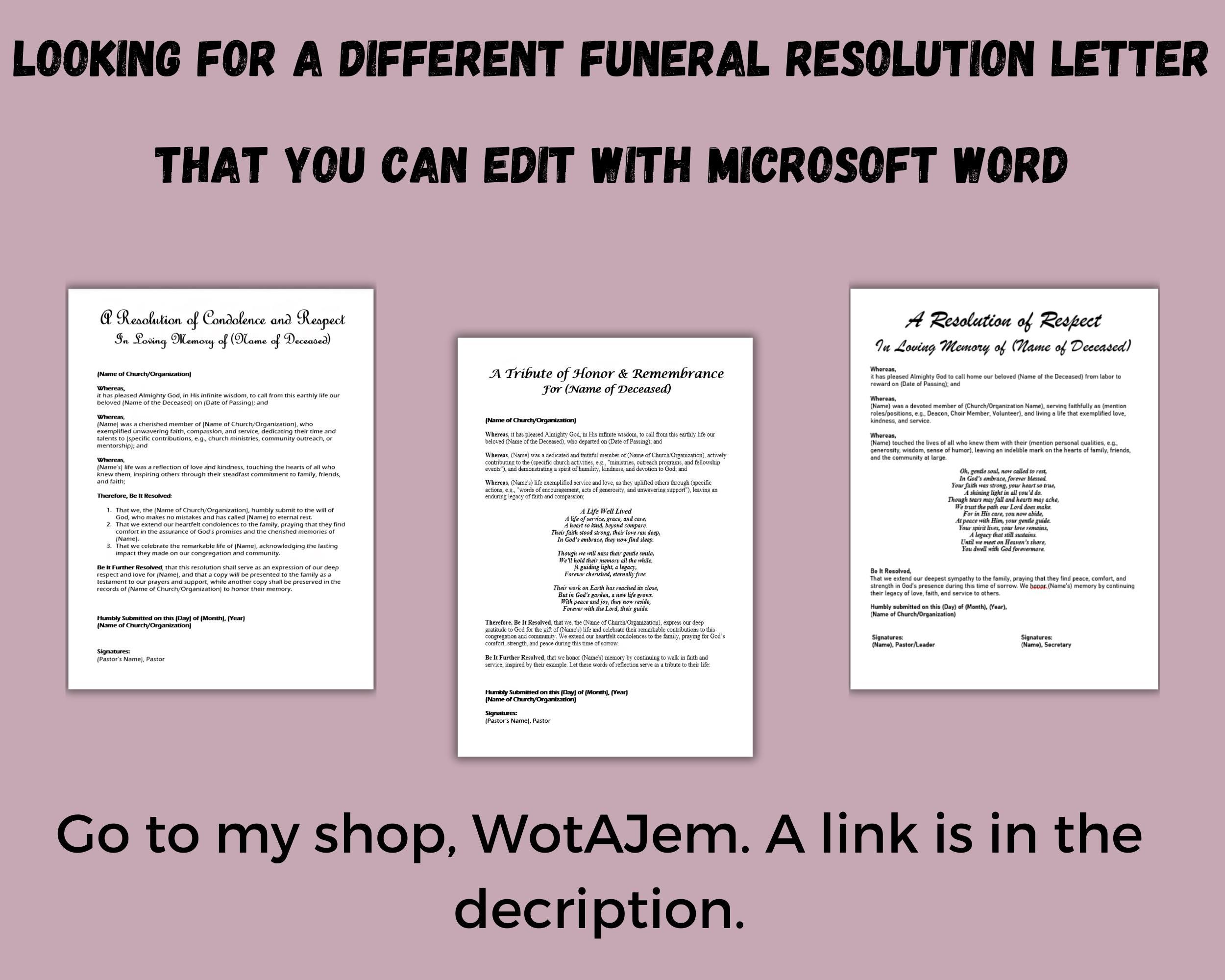 Editable Funeral Resolution Letter of Condolence and Respect, in Loving ...