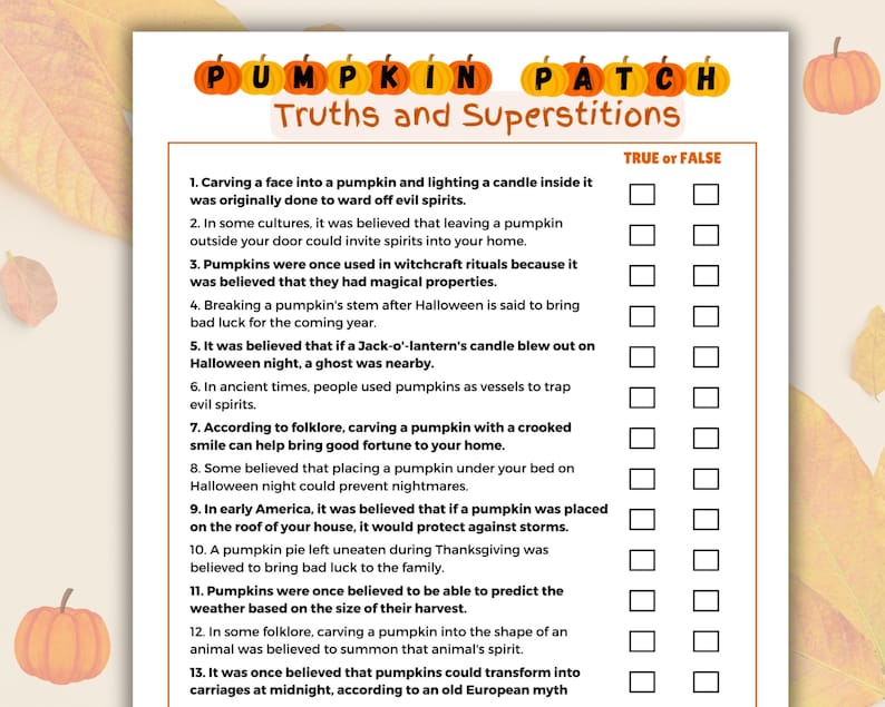 Pumpkin True or False Game, Printable Pumpkin Trivia Game, Thanksgiving ...