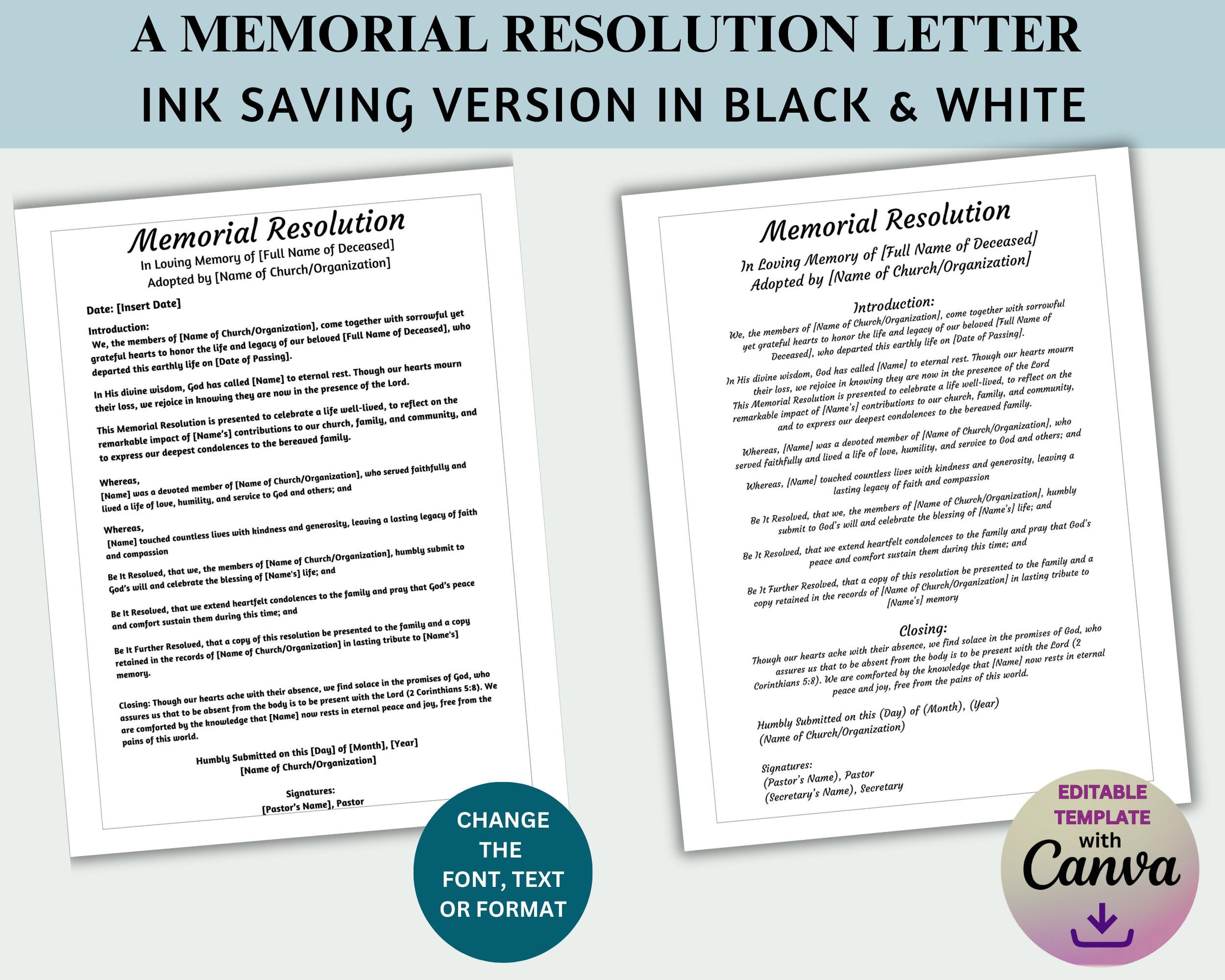 Memorial Resolution Letter, an Editable Letter Template for a Funeral ...
