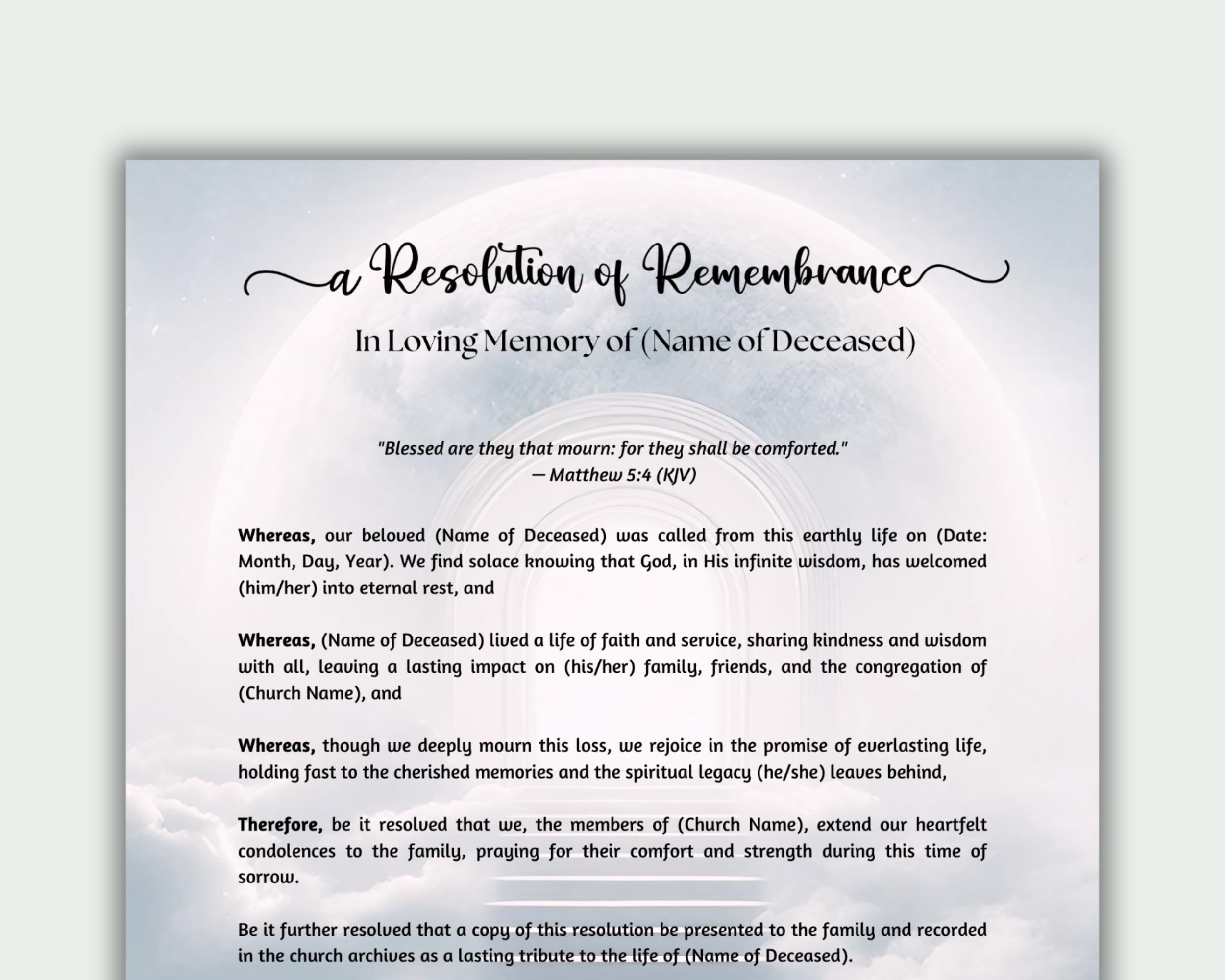 Funeral Resolution Letter of Remembrance, Editable Letter Template for ...