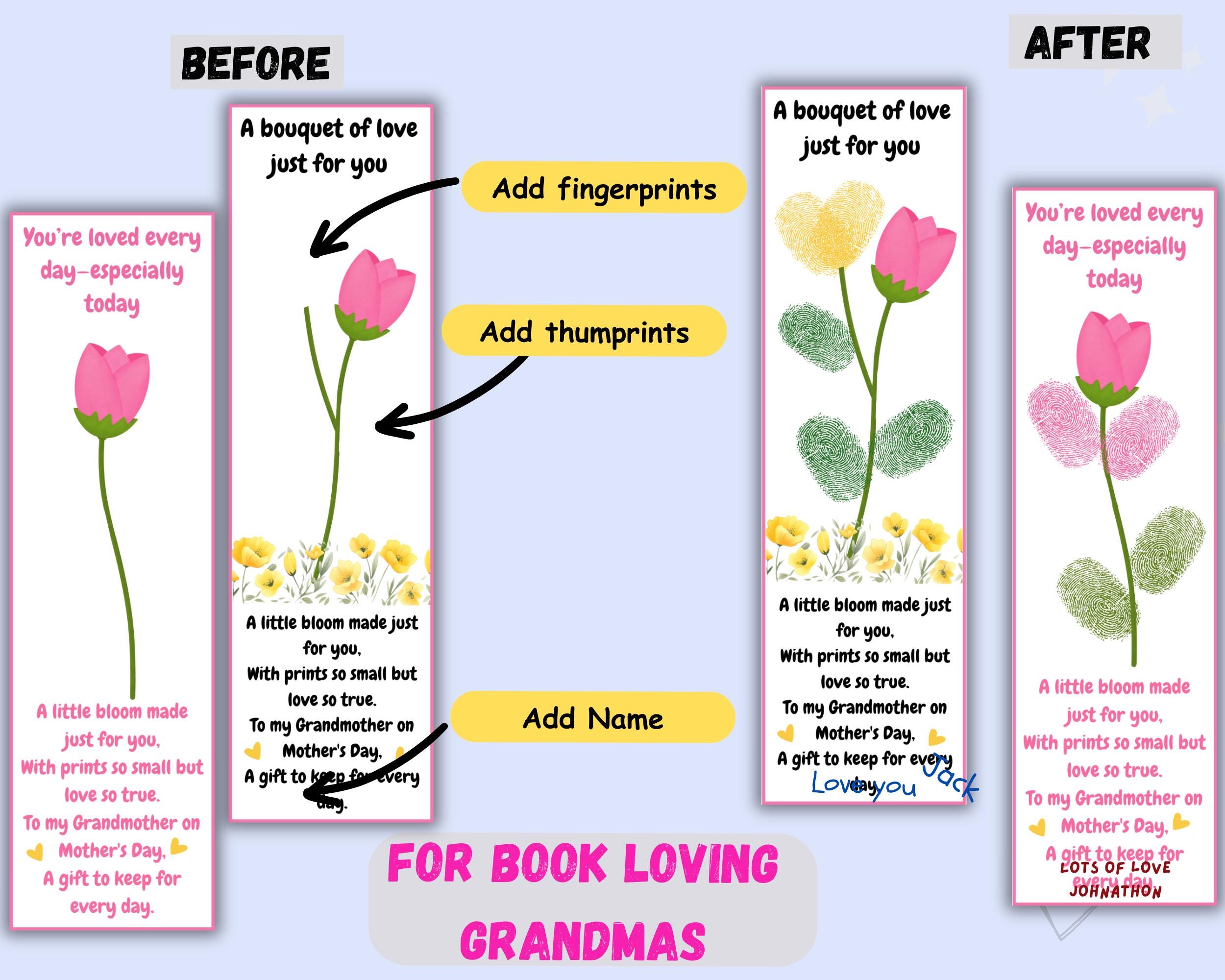 Grandmother Mother's Day Printable Bookmark, Kids Fingerprint Art ...