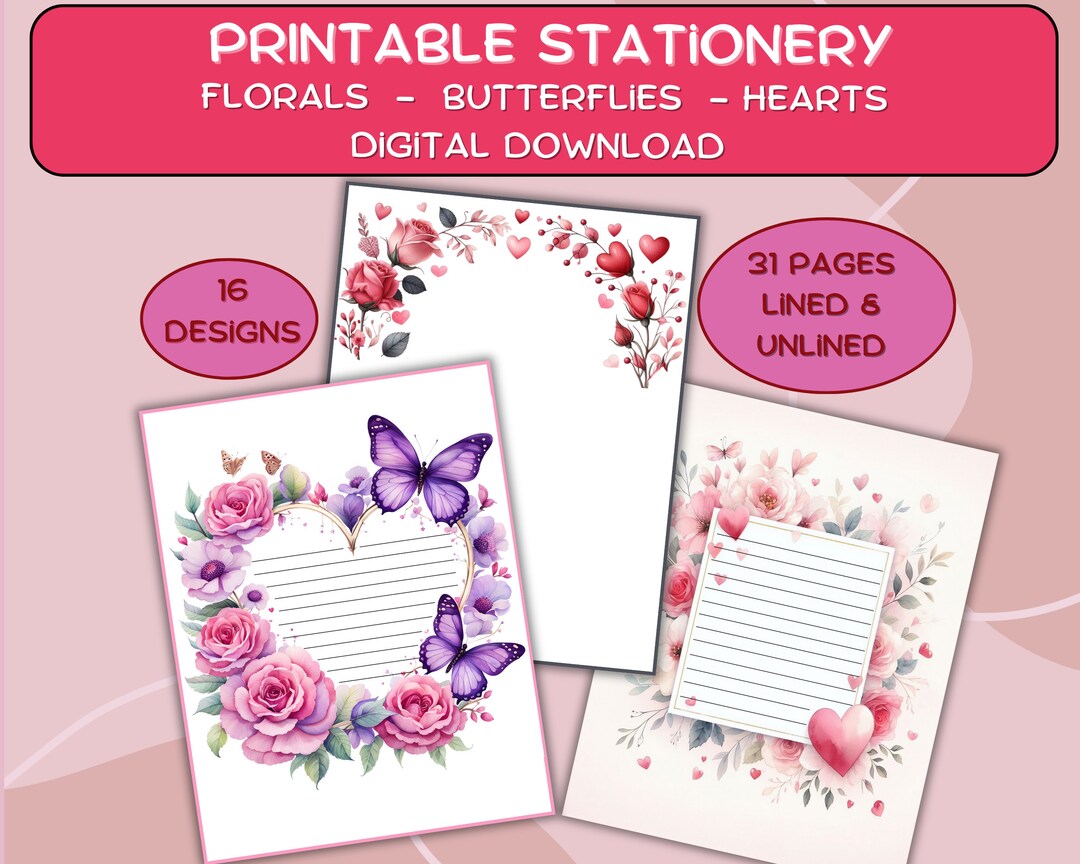 Writing Paper Printable Cute Stationery Set, Flowers, Butterflies ...