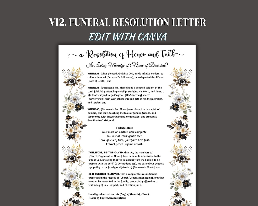 Funeral Resolution Letter for a Church or Memorial Service That is ...