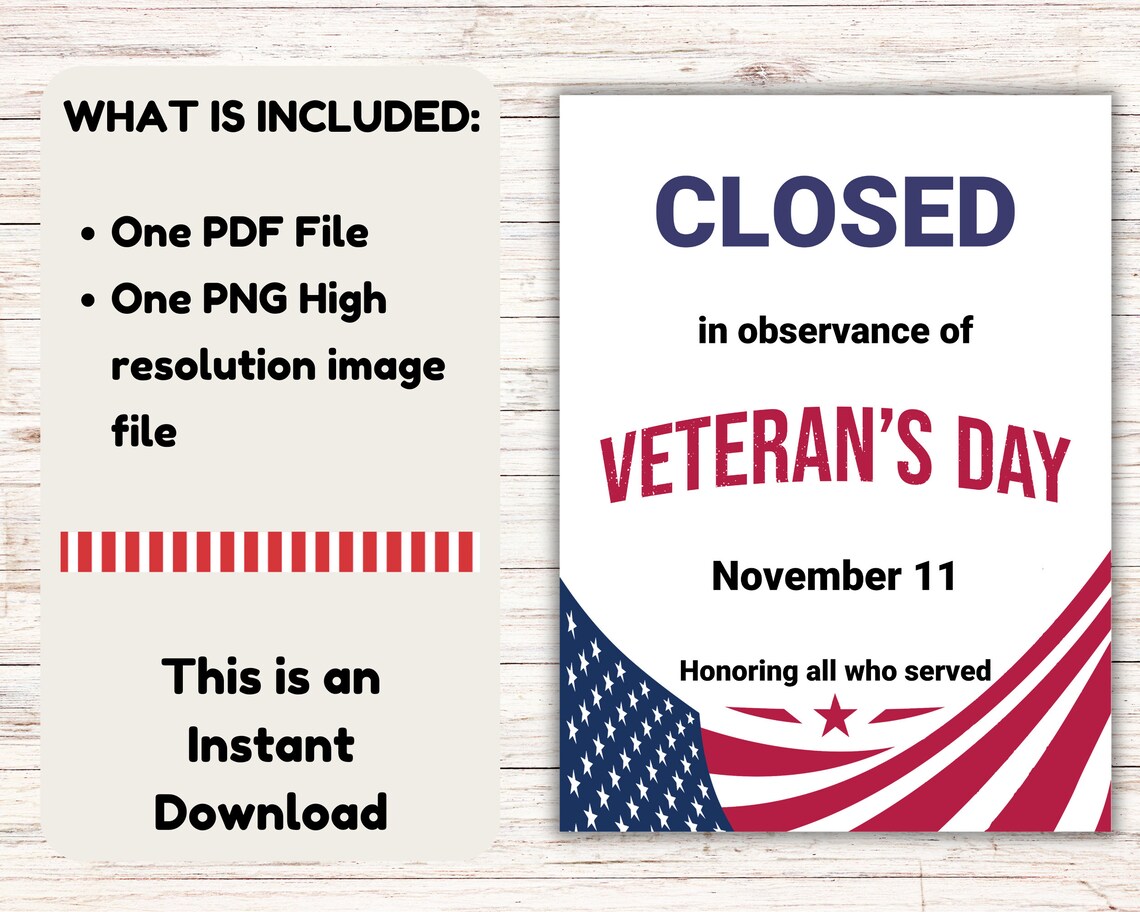 Veteran's Day Printable Closed Sign for Door, Closed on Veteran's Day ...