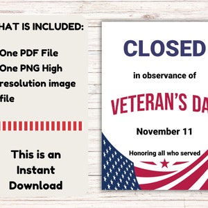 Veteran's Day Printable Closed Sign for Door, Closed on Veteran's Day ...