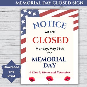 Memorial Day Closed Sign for Door a Printable Sign, Closed on Memorial ...