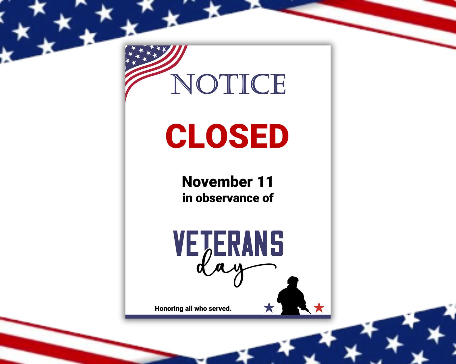 Veteran's Day Printable Closed Sign for Door, Holiday Closure on ...
