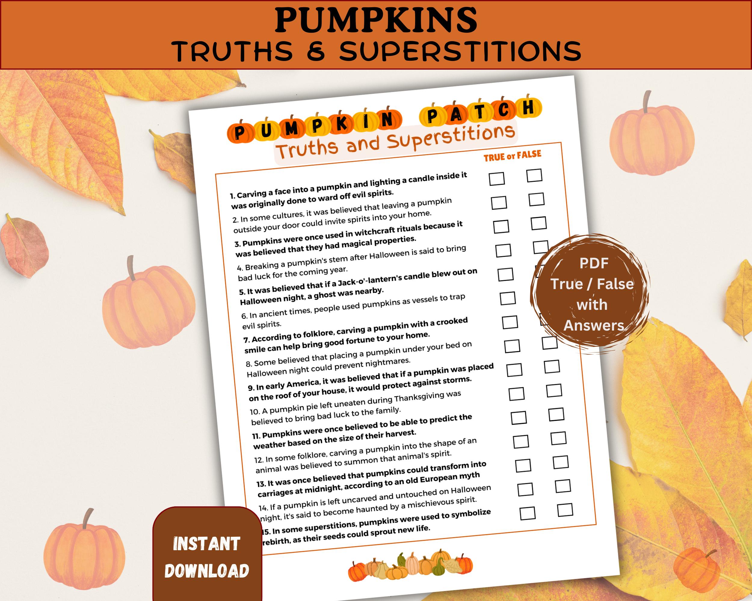Pumpkin True or False, Printable Pumpkin Trivia Game, Thanksgiving ...